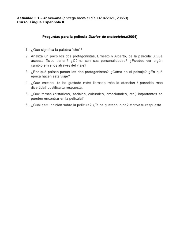 Actividad 3.1 - Diarios de Motocicleta (2004) | PDF