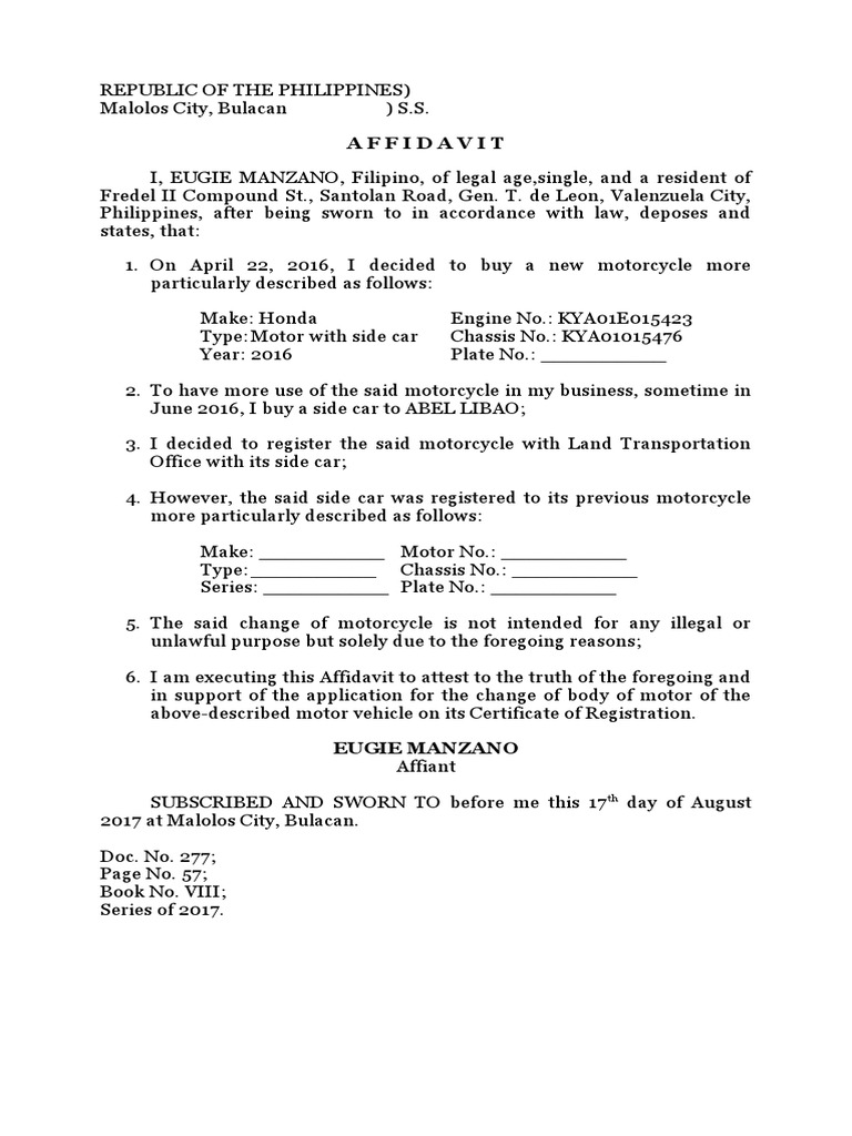 Affidavit Change of Motor With Sidecar | PDF