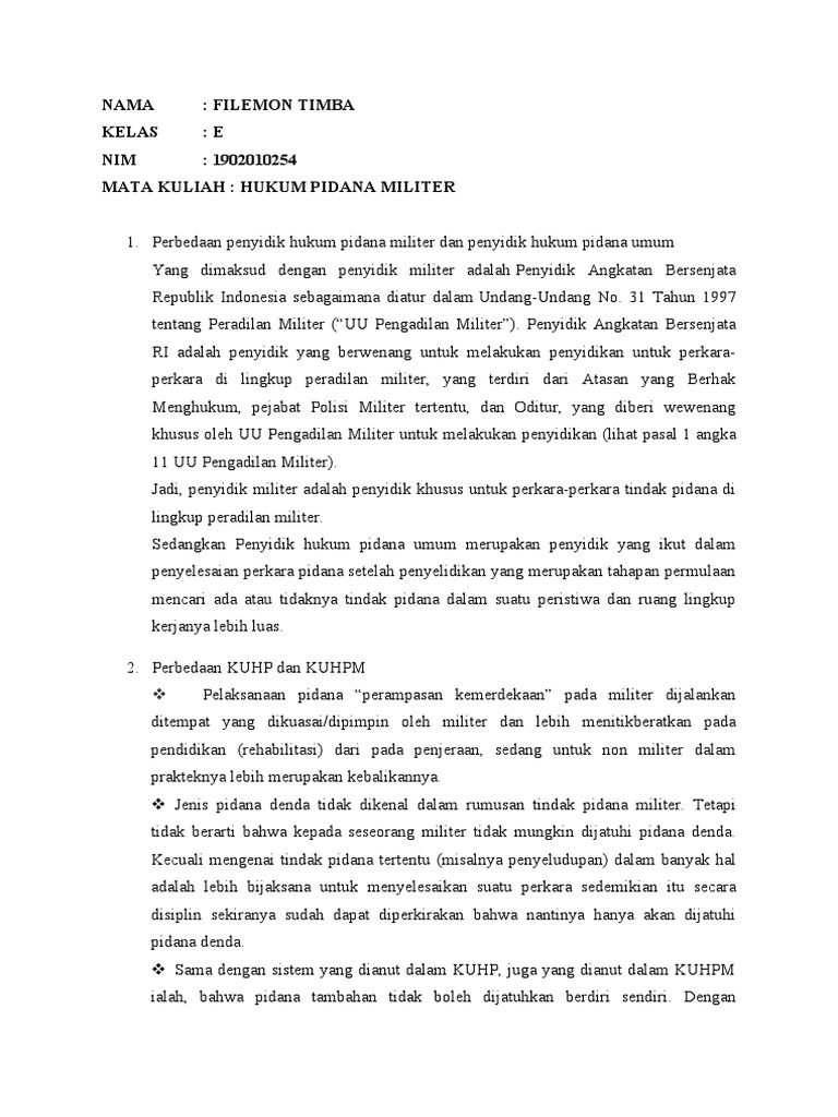 Perbedaan Hukum Pidana Militer dan Umum | PDF