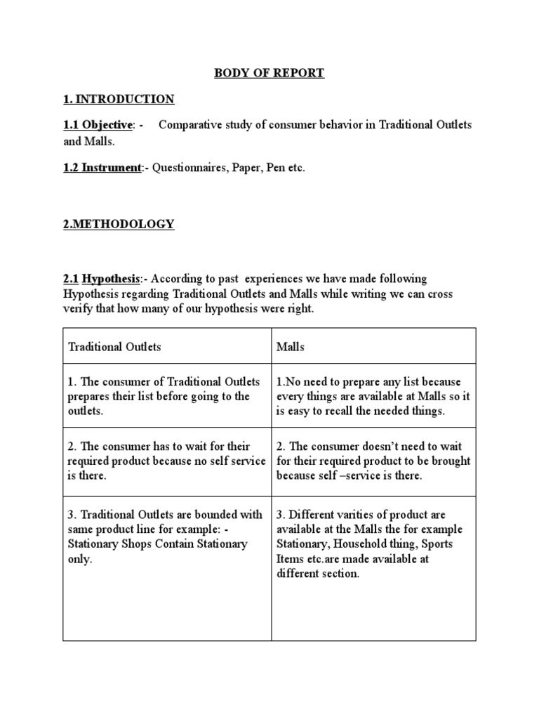 Body of Report 1.1 Objective: - Comparative Study of Consumer Behavior ...