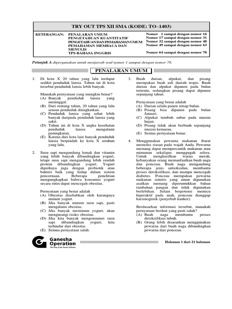 Soal To Agustus Tps To-1403 | PDF