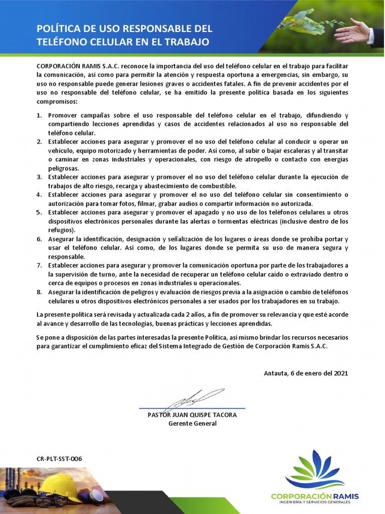 CR-PLT-SST-006 Politica de Uso Responsable Del Telefono Celular en El ...