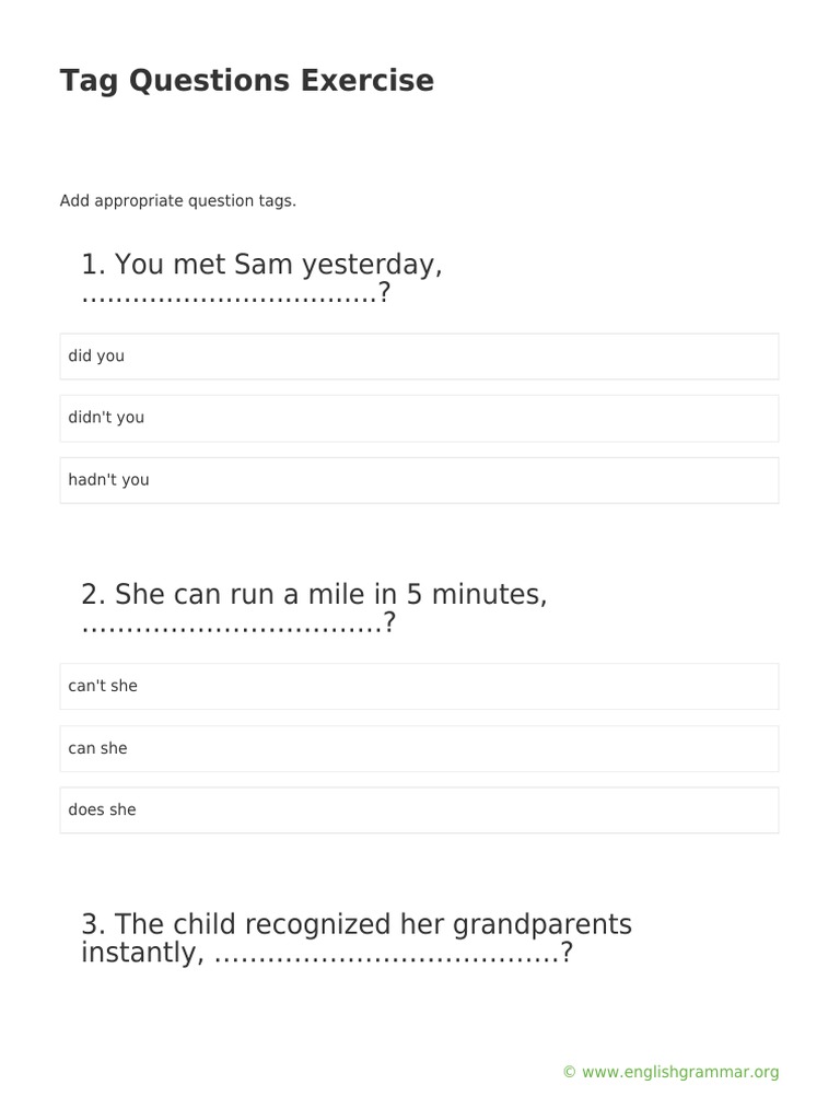 Tag Questions Exercise | PDF