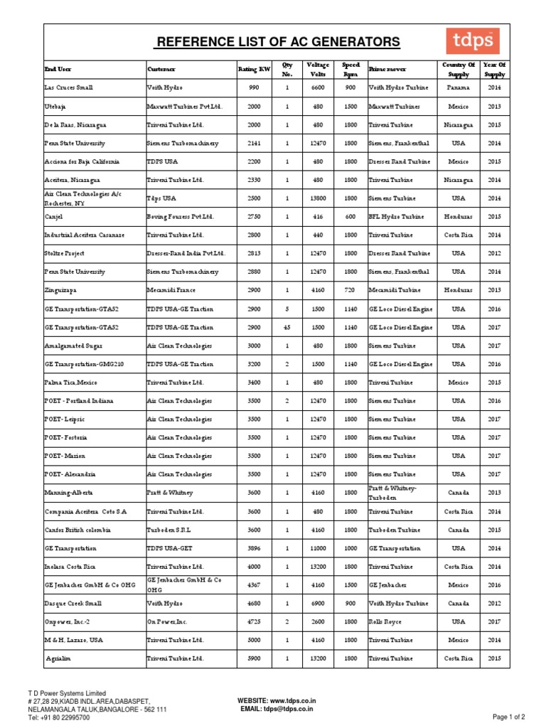 AC Generator Reference List - Americas | PDF | Electric Generator ...
