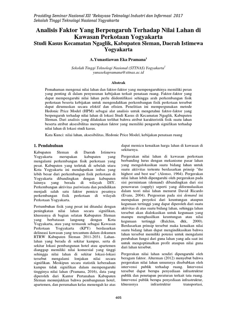 Analisis Faktor Yang Berpengaruh Terhadap Nilai Lahan Di Kawasan Perkotaan Yogyakarta | PDF ...