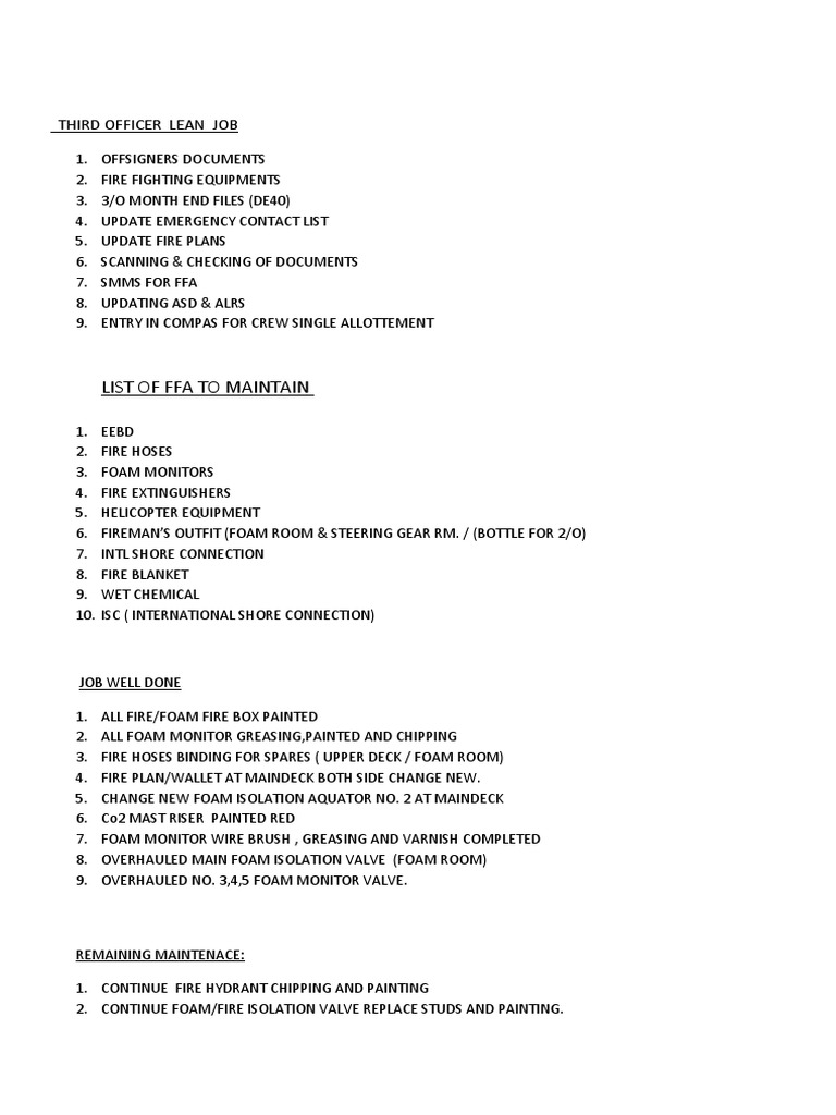 List of Ffa To Maintain: Third Officer Lean Job | PDF