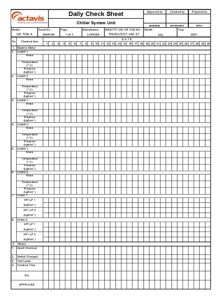 Daily Check Sheet: Chiller System Unit | PDF | Technology & Engineering