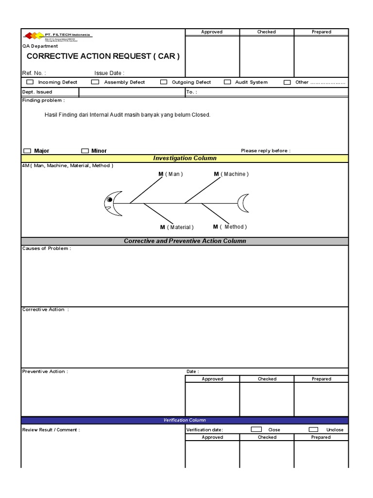 Corrective Action Request (Car) : Ref. No.: Issue Date | PDF ...