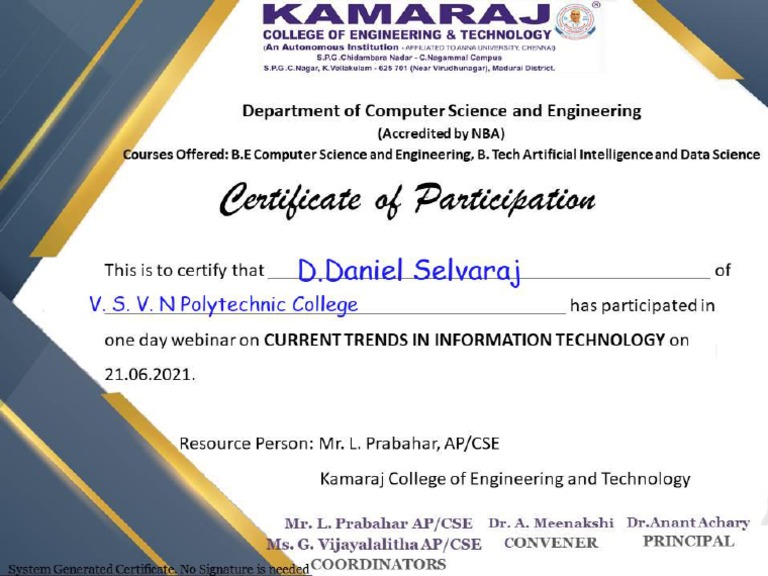KCETCTIT - D.Daniel Selvaraj - Certificate | PDF KCETCTIT - D.Daniel Selvaraj - Certificate | PDF