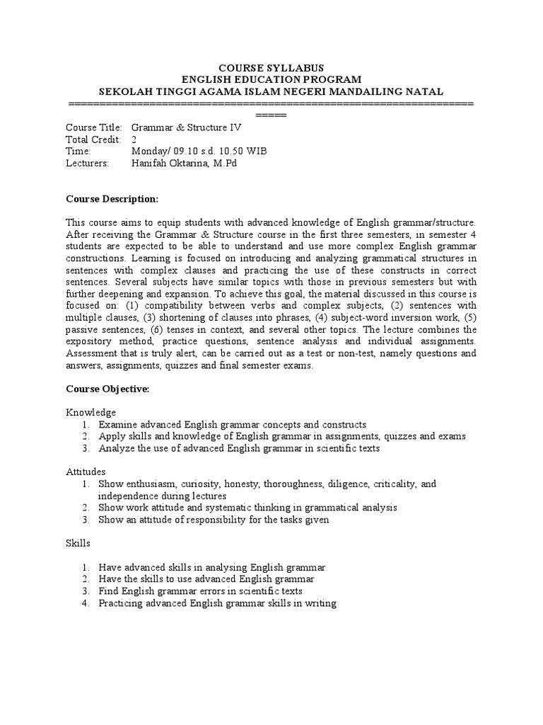 Advanced English Grammar Course Syllabus | PDF | Verb | Subject (Grammar)