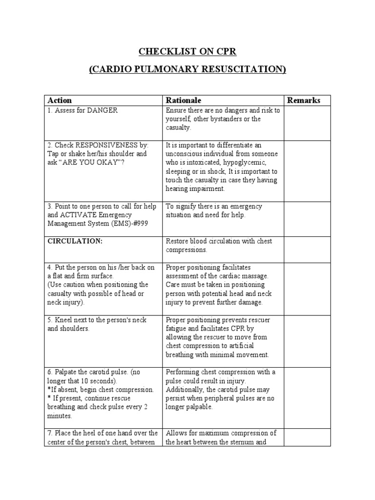 Checklist On CPR (Cardio Pulmonary Resuscitation) : Action Rationale ...