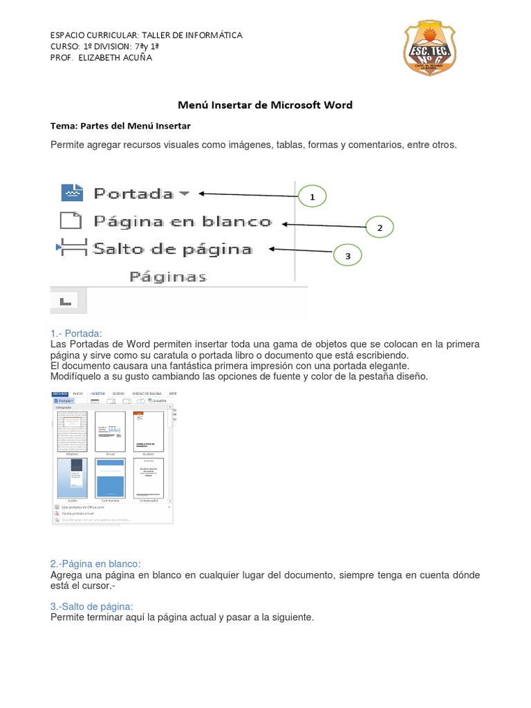 Teoria de Menu Insertar de Word-Para Primer Año | PDF | Microsoft Word ...