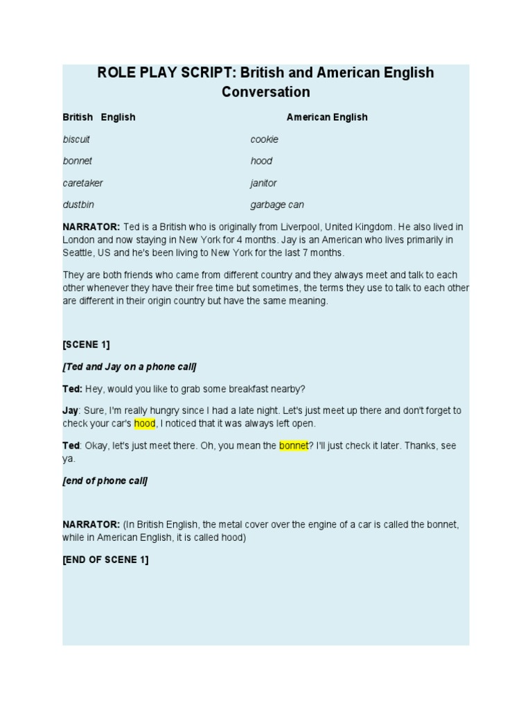 ROLE PLAY SCRIPT: British and American English Conversation | PDF
