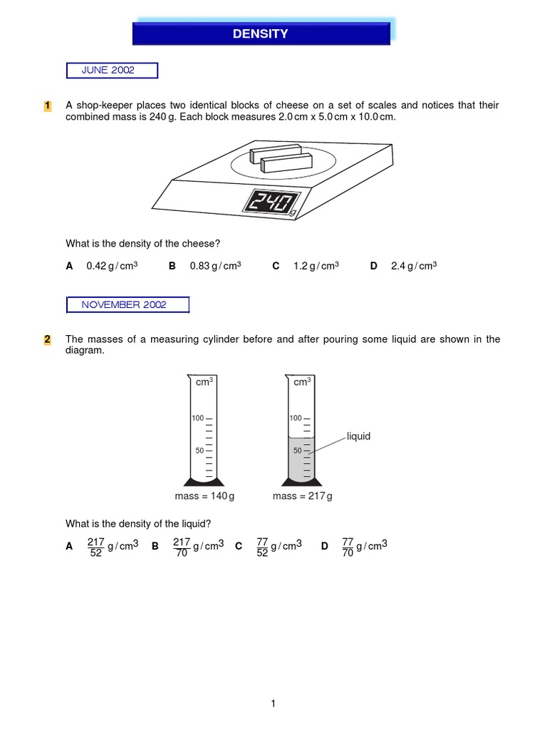 IGCSE Density Practice Questions | PDF | Density | Volume
