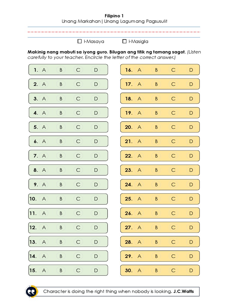1-Q1 ST1 Filipino Answer Sheet | PDF