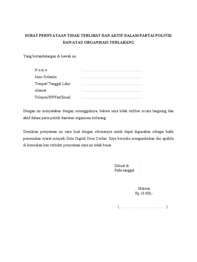 Format Surat Pernyataan Tidak Terlibat Partai Politik Dan Organisasi ...