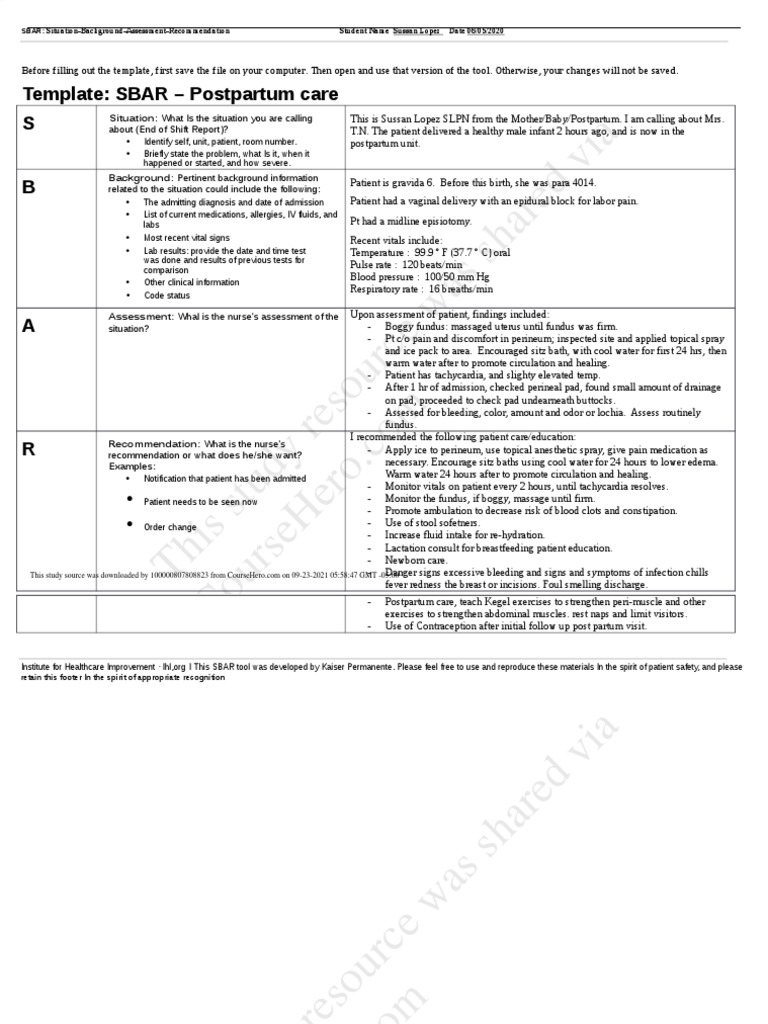 Postpartum Care SBAR 6.5.2020 | PDF | Postpartum Period | Childbirth