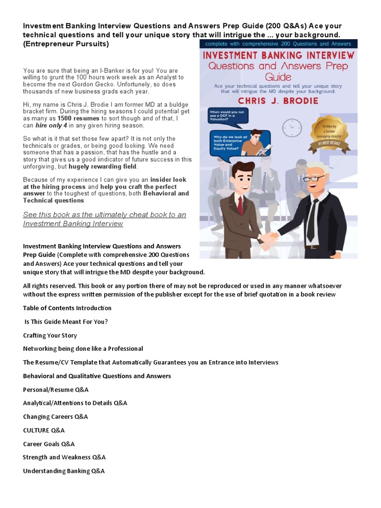 Investment Banking Interview Questions and Answers Prep Guide (200 Q&As ...