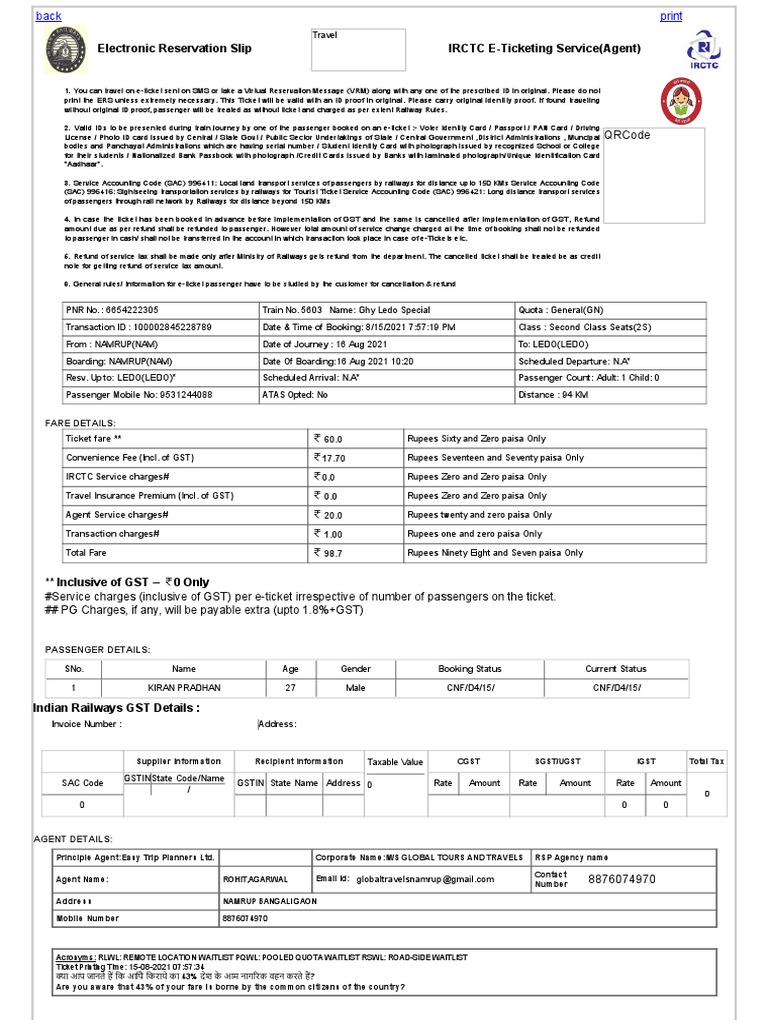 Qrcode: Electronic Reservation Slip Irctc E Ticketing Service (Agent ...