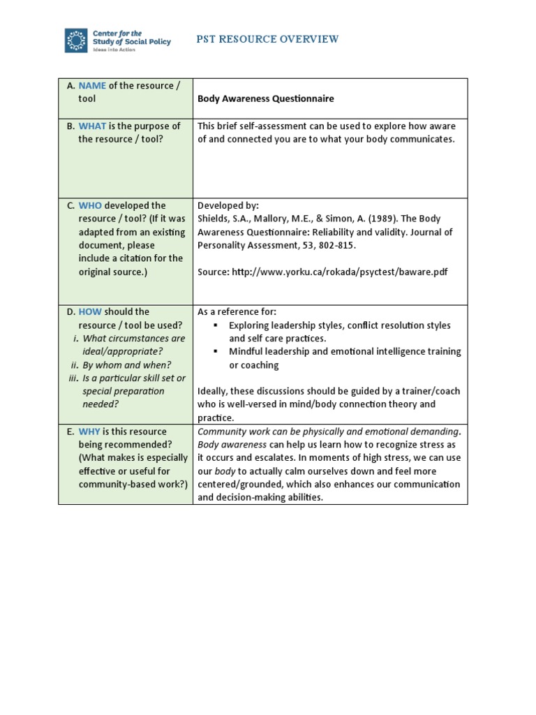 Body Awareness Questionnaire: PST Resource Overview | PDF | Sleep ...