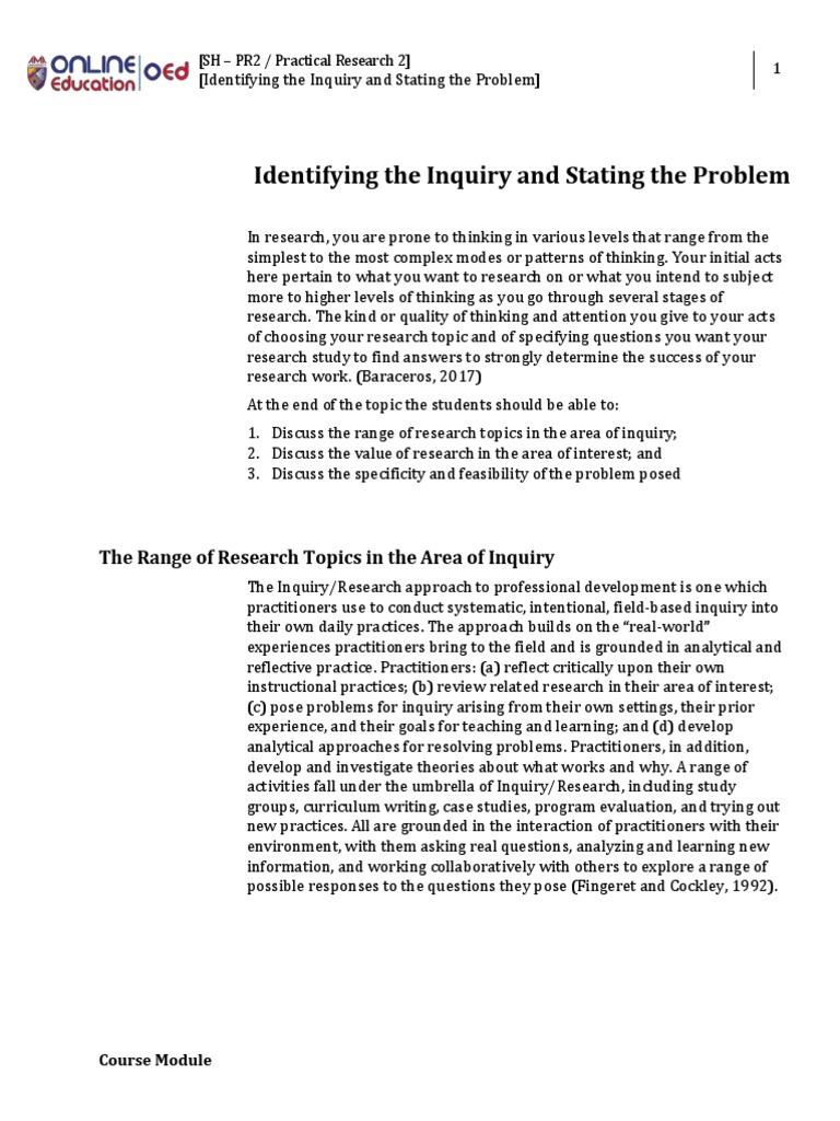 Week 003 Identifying The Inquiry and Stating The Problem | PDF | Inquiry | Research And Development