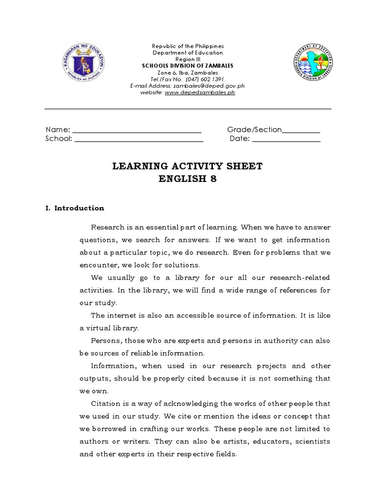 Learning Activity Sheet English 8 | PDF | Citation | Bibliography