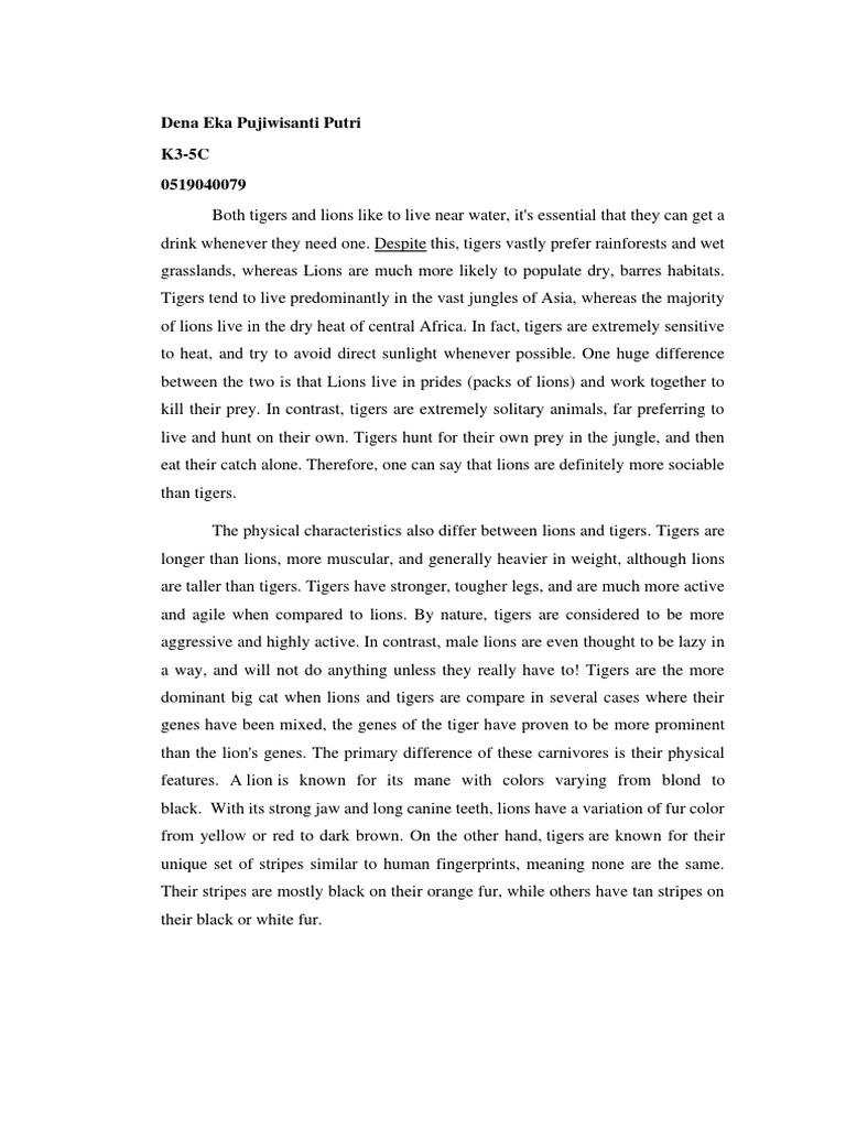 Contrast and Compare of Lion and Tiger | PDF | Lion | Tiger