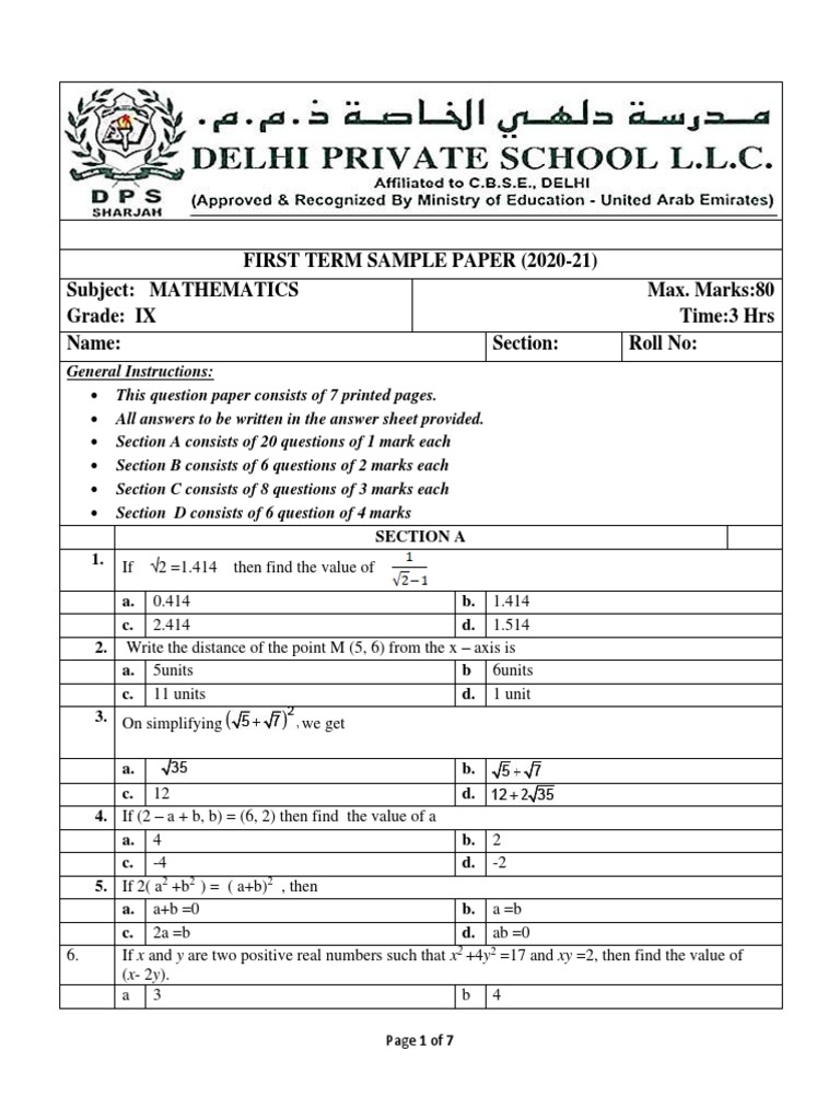 Class IX-Mathematics-Sample Paper-1 | PDF | Triangle | Area