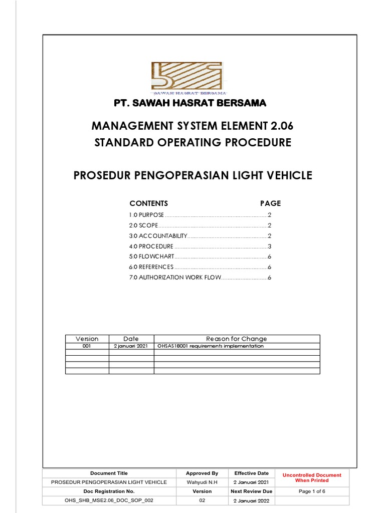 Sop 002 Sop Pengoperasian Light Vehicle | PDF