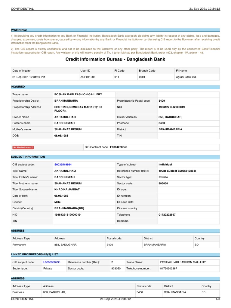 Bangladesh Bank CIB Report Warning | PDF | Sole Proprietorship ...