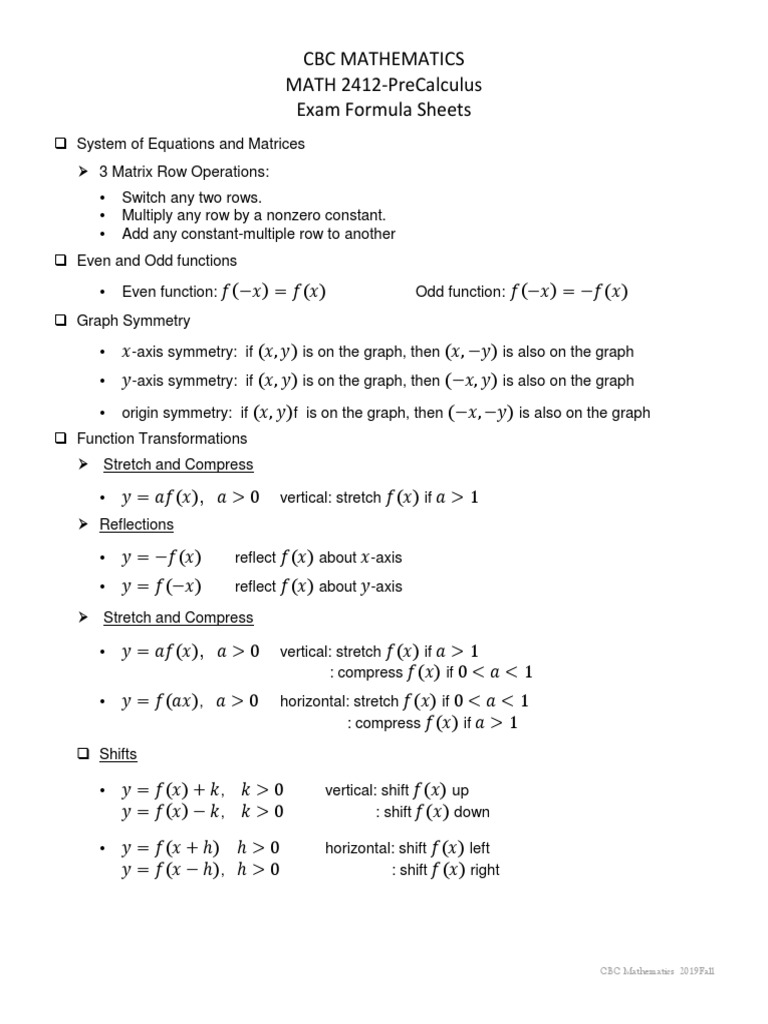 PreCalculus Exam Formula Sheet | PDF | Factorization | Trigonometric ...