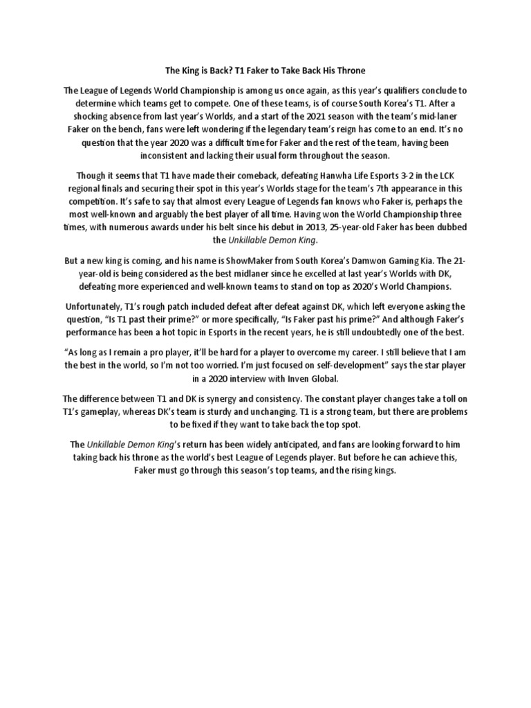 The King Is Back? T1 Faker To Take Back His Throne | PDF