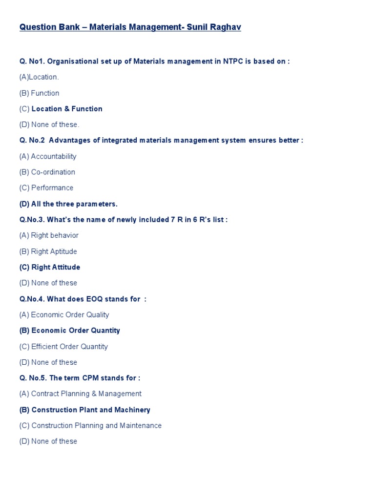 Materials Management Question Bank | PDF | Supply Chain Management ...