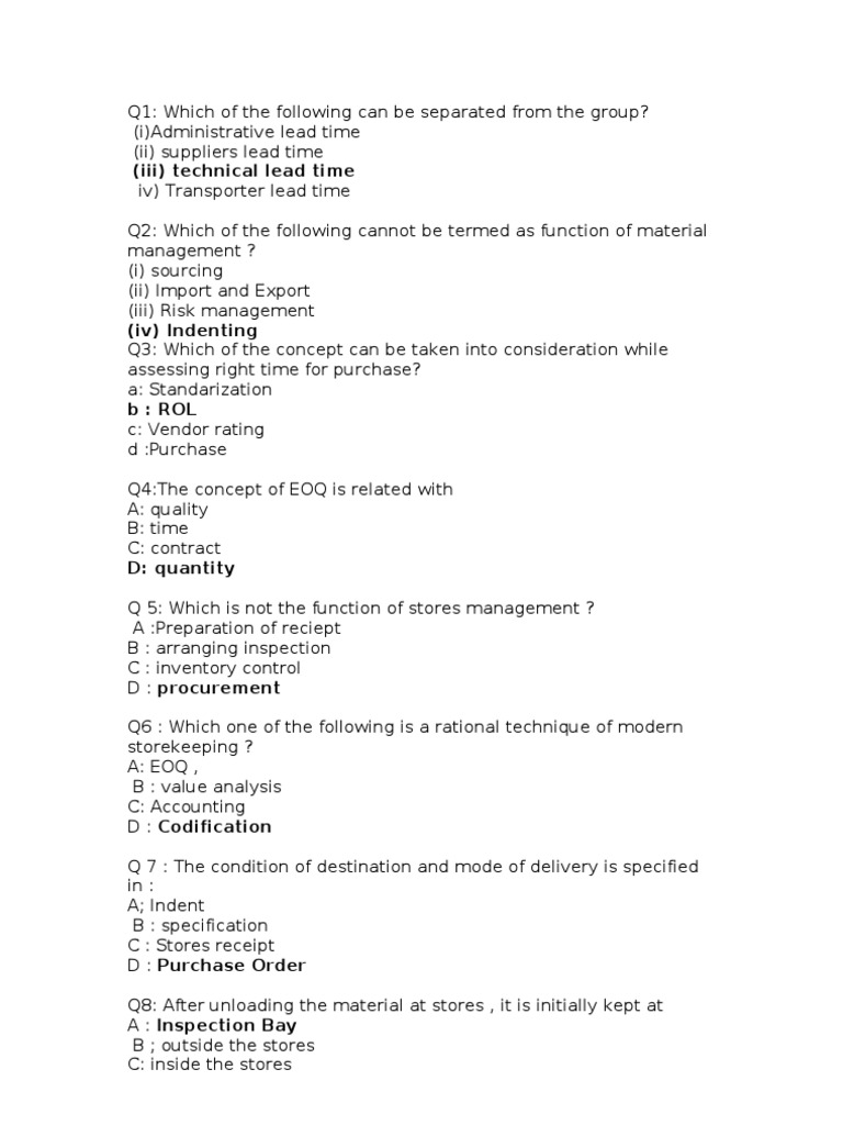 Material Management MCQs and Answers | PDF | Inventory | Insurance