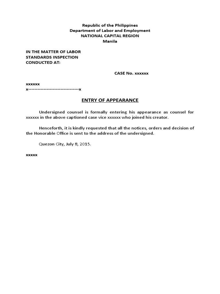 Sample Entry of Appearance DOLE | PDF