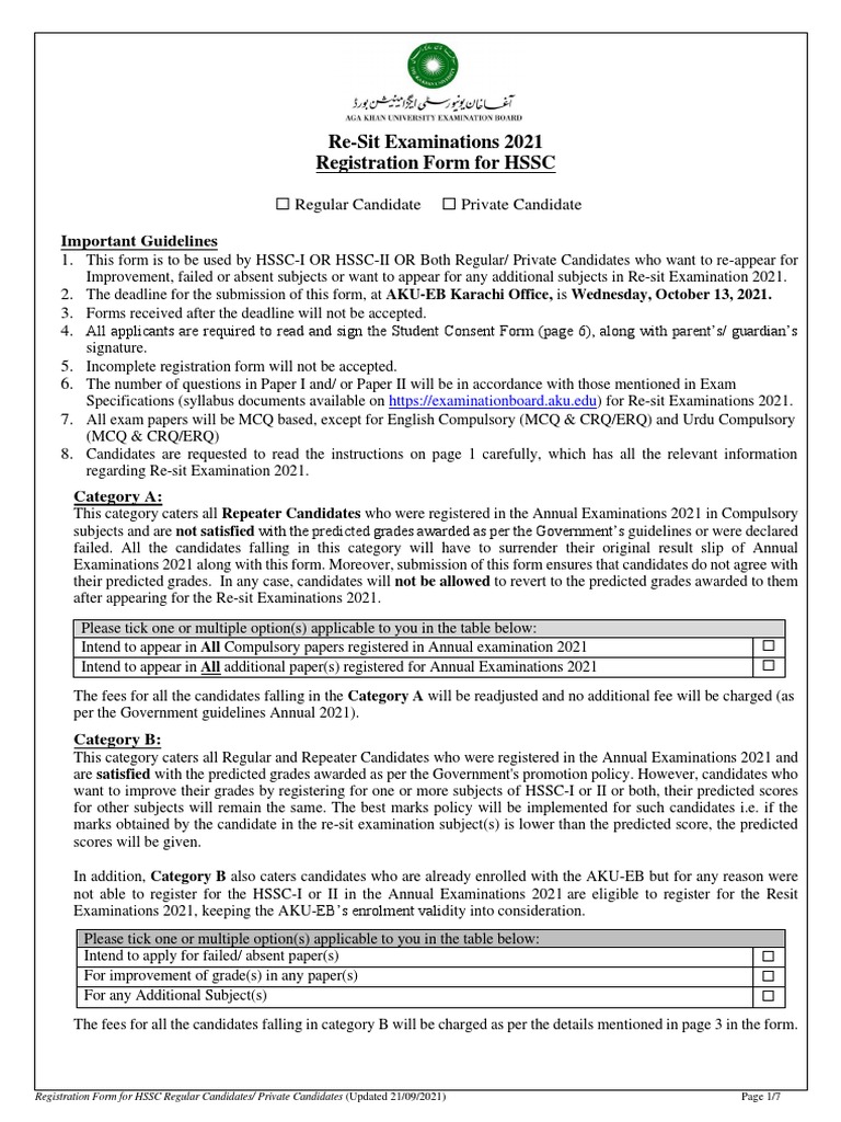 HSSC Candidate Registration Form Re-Sit 2021 | PDF