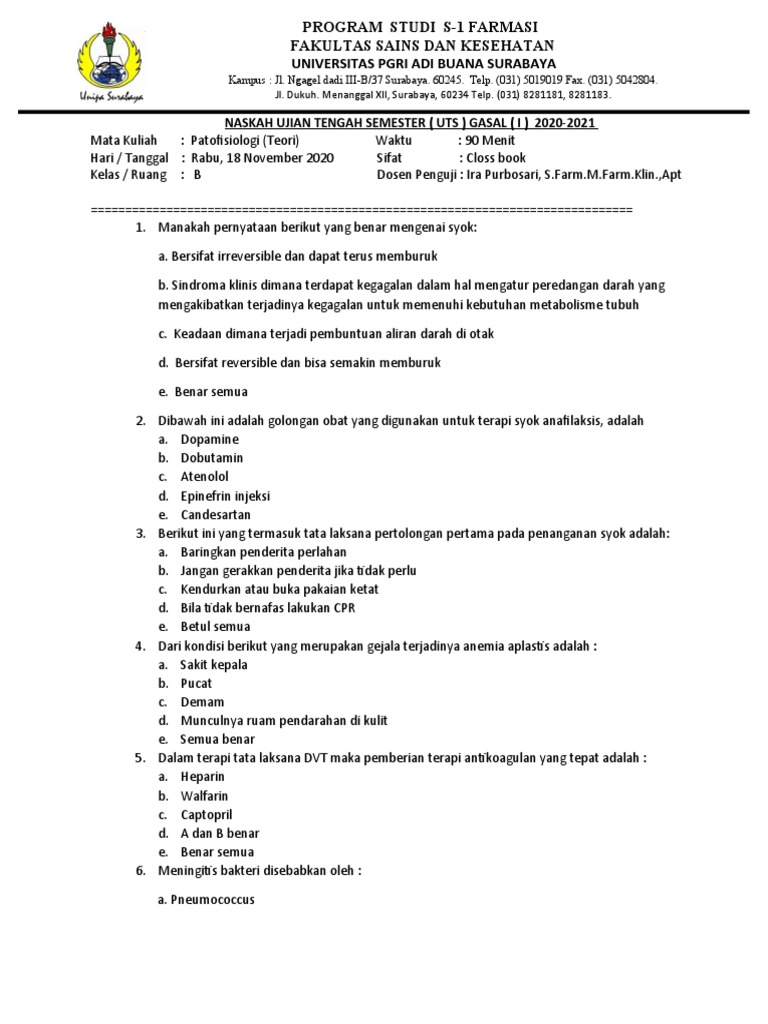 Remidi Uts Soal Uts Patofisiologi 17 November 2020 Admin | PDF