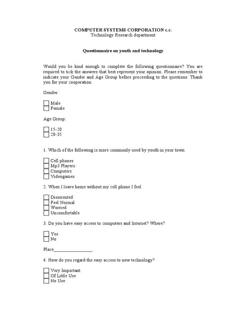 Questionnaire On Youth and Technology | PDF