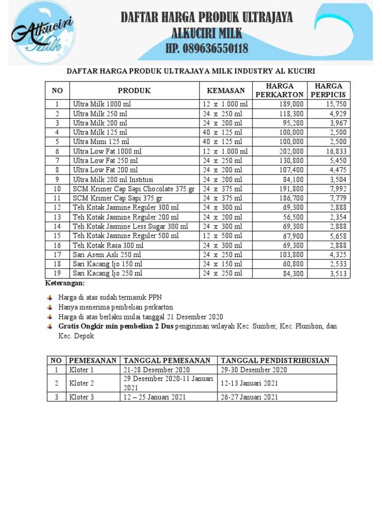 Daftar Harga Produk Ultrajaya Milk Industry | PDF