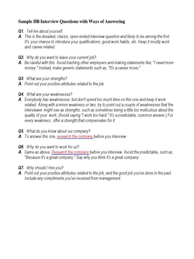 Sample HR Interview Questions and Effective Answers: A Guide to ...