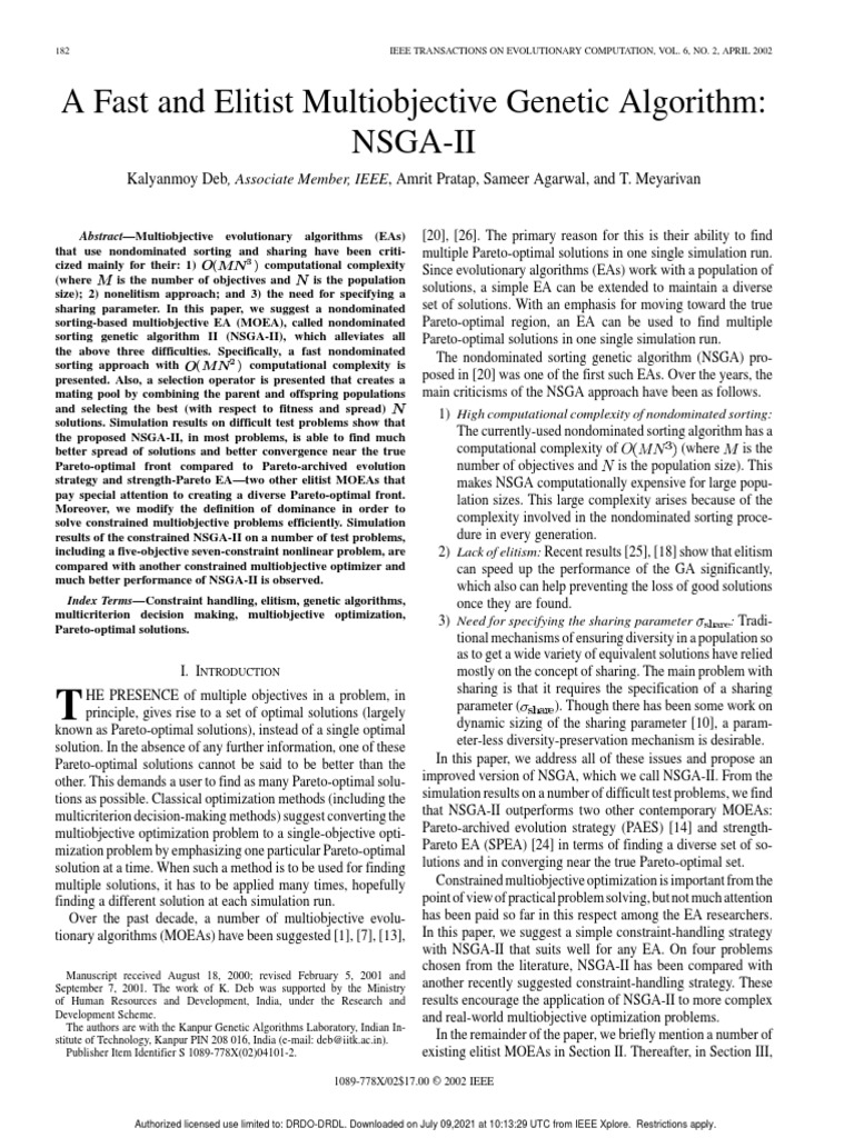 A Fast and Elitist Multiobjective Genetic Algorithm: Nsga-Ii | PDF | Mathematical Optimization ...