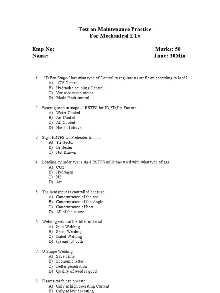 Test On Maintenance Practice | PDF | Welding | Construction