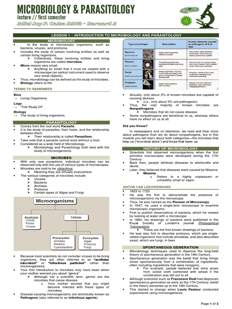 Lesson 1 - Introduction To Microbiology and Parasitology | PDF ...