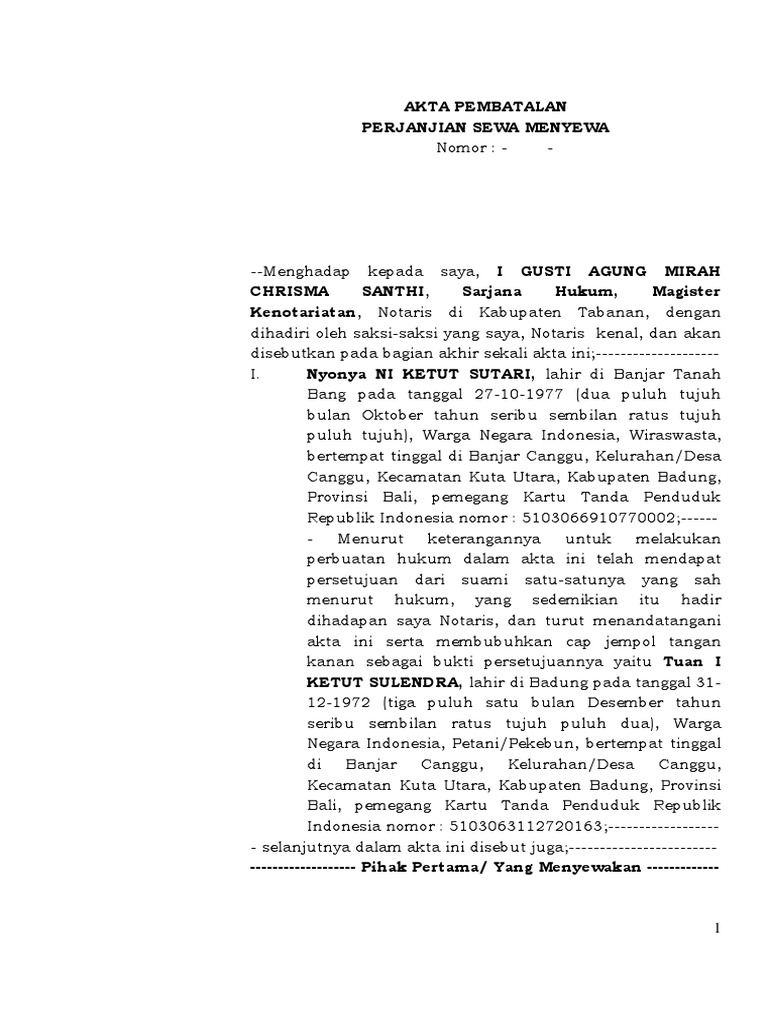 Akta Pembatalan Perjanjian Sewa Menyewa | PDF