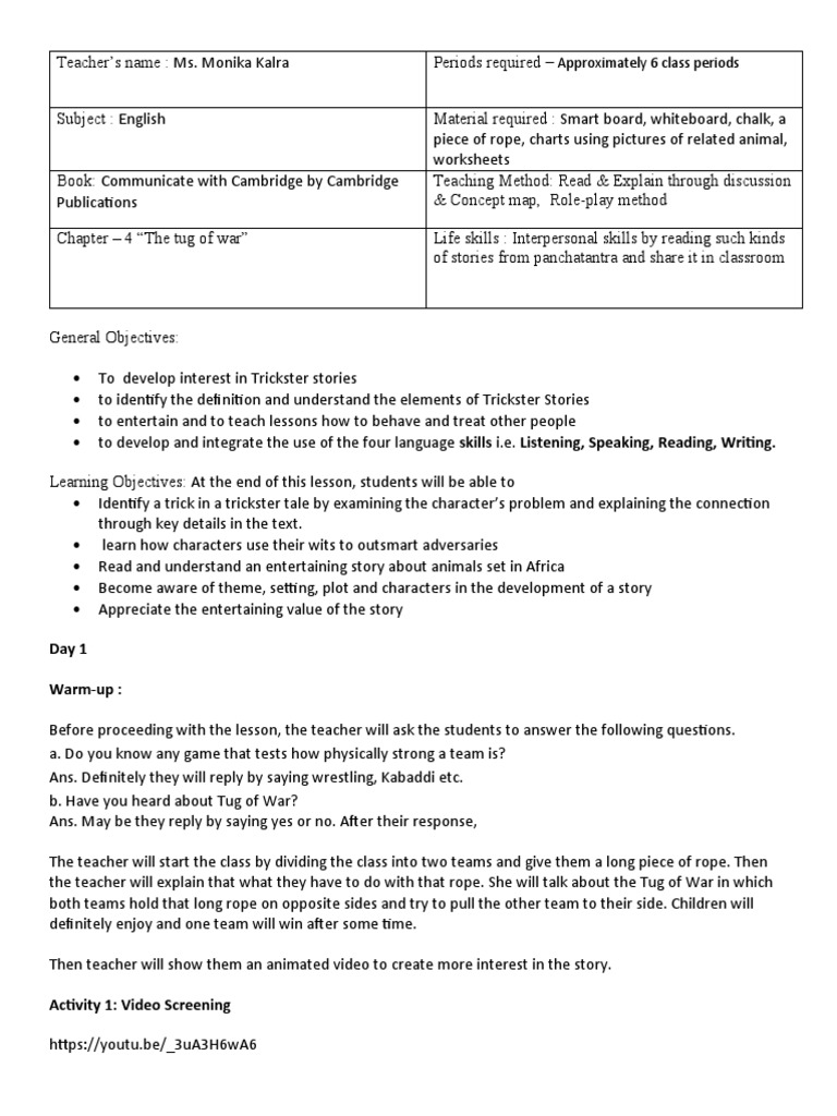 Lesson Plan On (The Tug of War) | PDF | Question | Lesson Plan