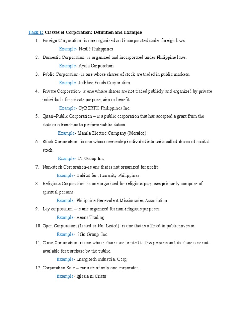Classes of Corporation: Definition and Example | PDF | Corporations ...