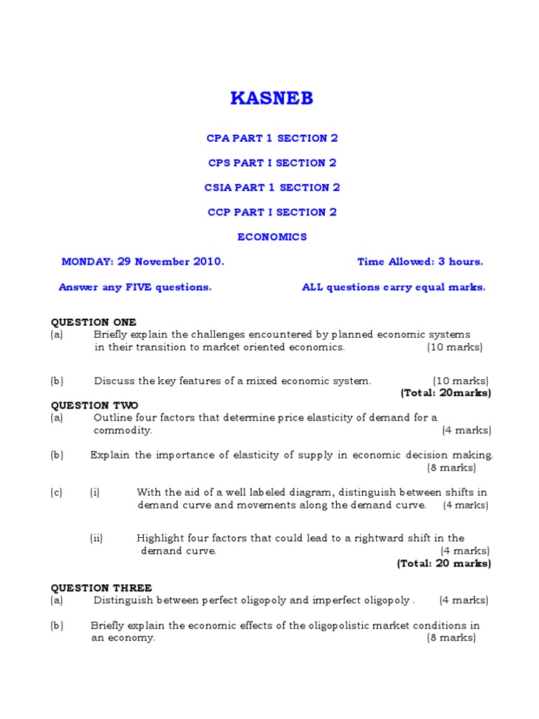 KASNEB CPA Economics Past Exam Papers | PDF | Oligopoly | Demand