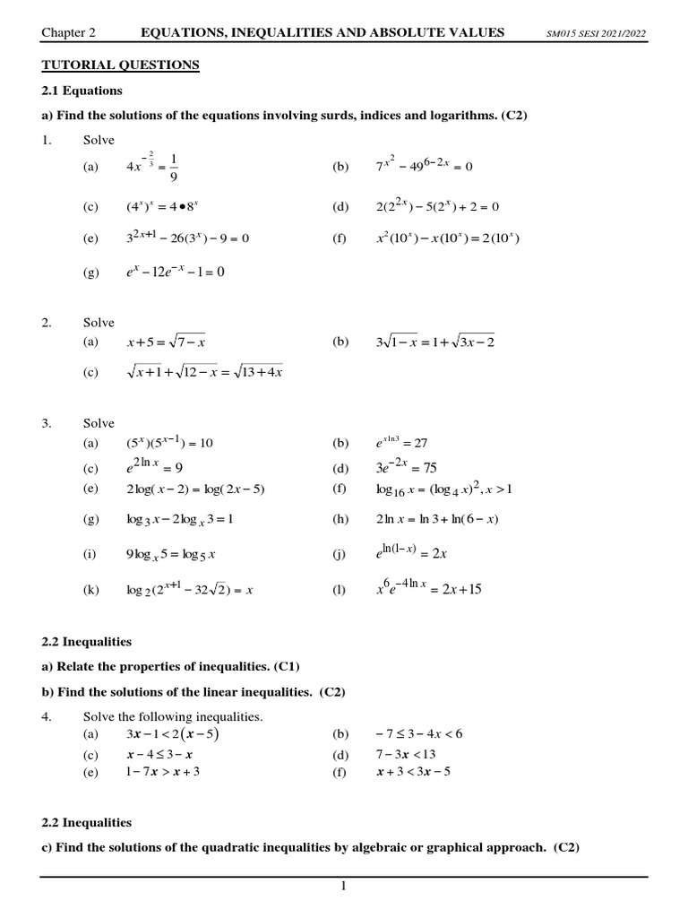 Equations and Inequalities Tutorial Guide | PDF | Equations ...