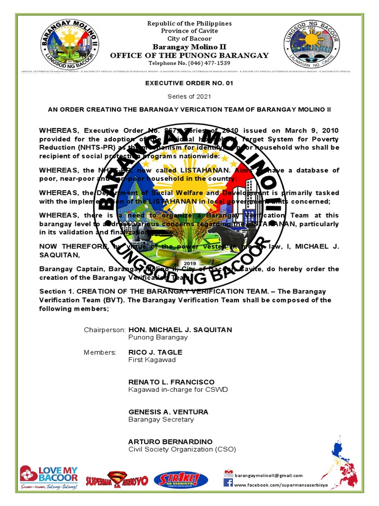 Barangay Molino II Office of The Punong Barangay: Republic of The Philippines Province of Cavite ...