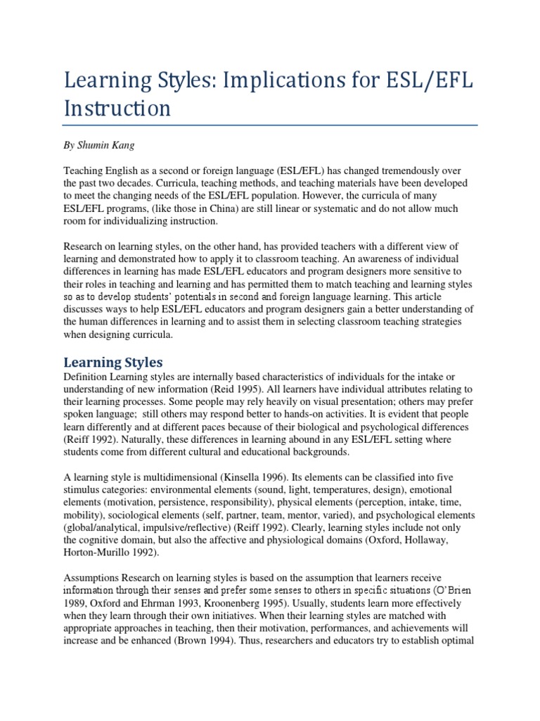 Understanding Learning Styles: Implications for Tailoring ESL/EFL ...